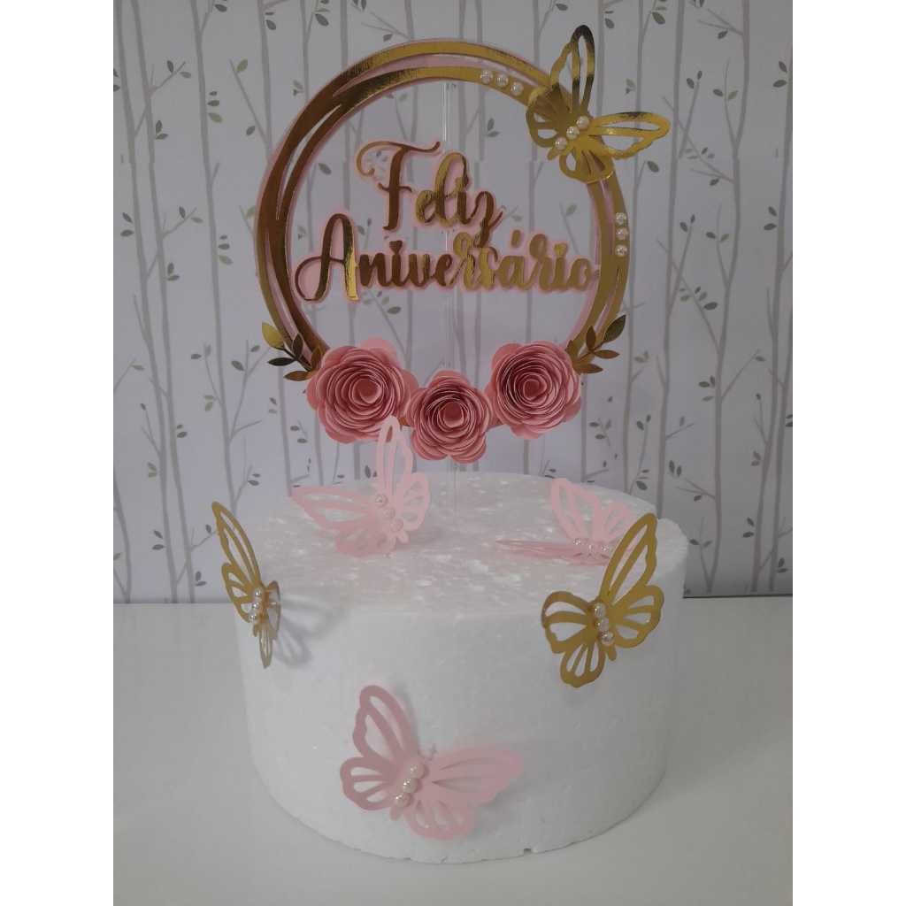 Topo de bolo Personalizado com Flores e borboletas-Topo de bolo ...