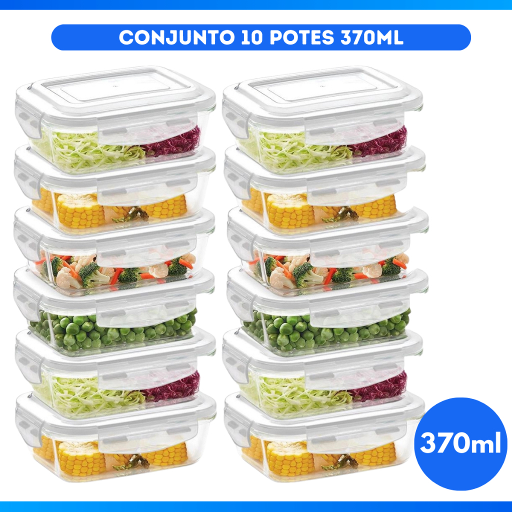 Kit 10 Pote Hermético Marmita 4 Travas De Vidro Quadrado 370ml | Shopee Brasil