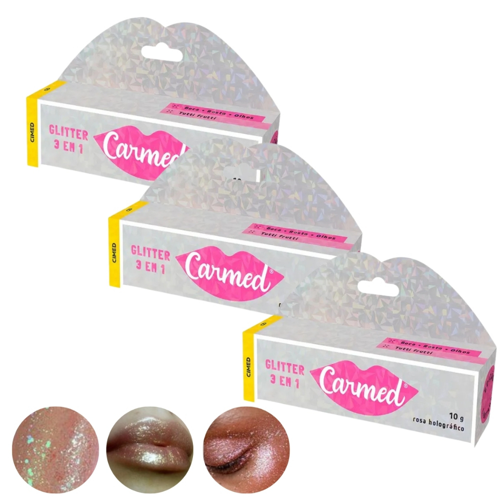 Kit com 3 Hidratante Labial Carmed Glitter 3 Em 1 Rosa Holográfico ...