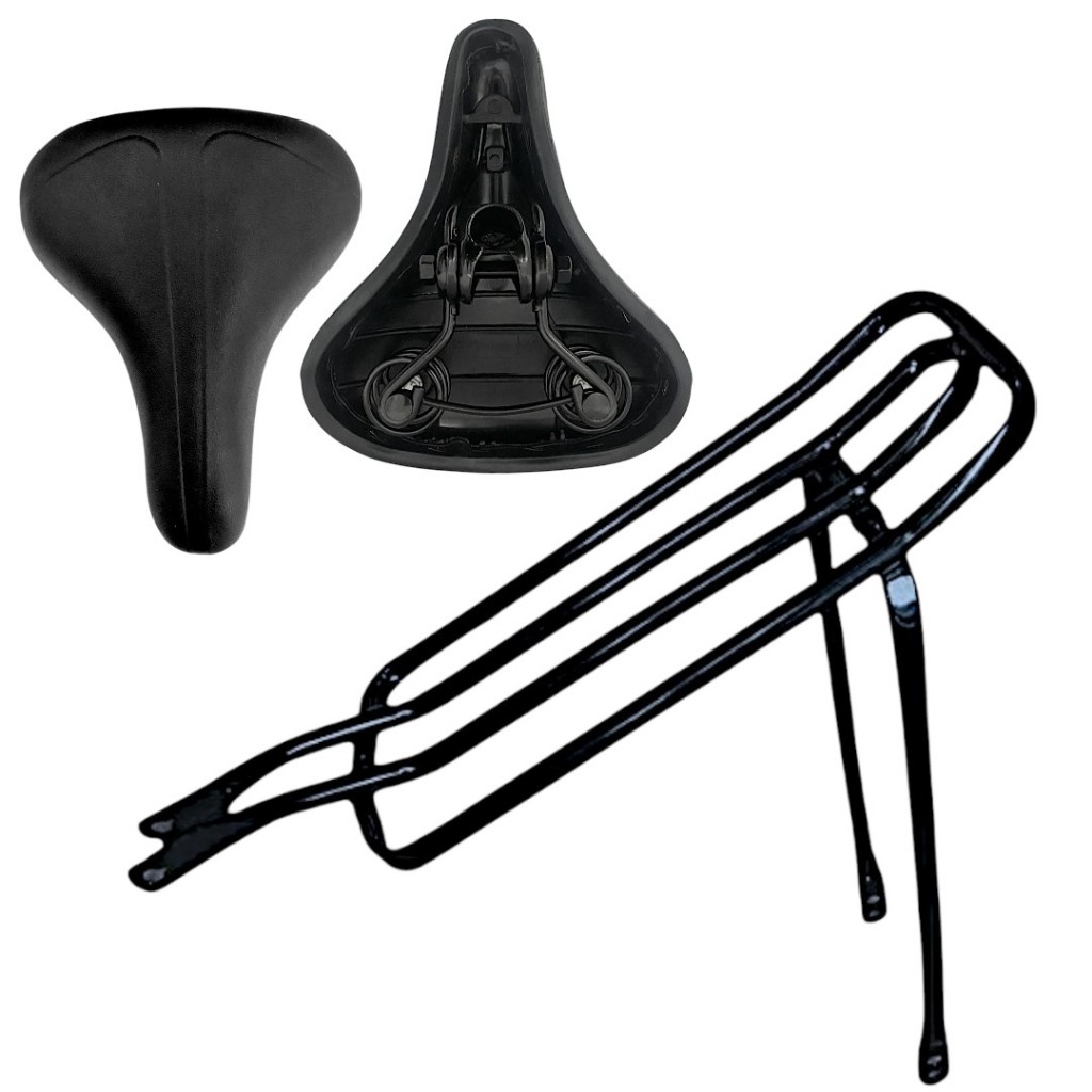 kit bicicleta selim confortável com 2 molas preto + bagageiro garupa ...