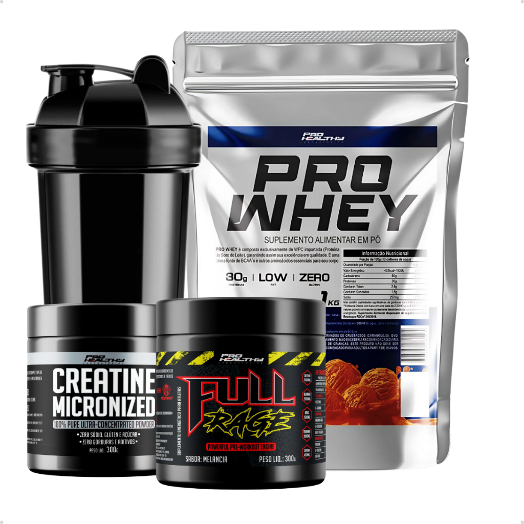 Kit Whey Protein Concentrado + Pré Treino Full Rage + Creatina Pura ...