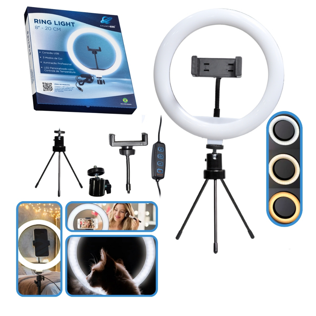 Ring Light Iluminador de LED 8 Polegadas 20cm com Tripé mesa | Shopee Brasil