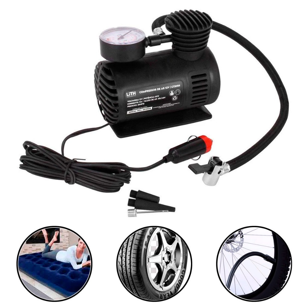 Mini Compressor Automotivo 12V 20L/min Infláveis Bolas Pneus de Ar ...