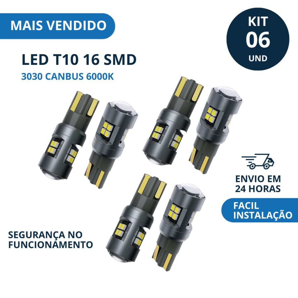 Lâmpada Led T10 16 Smd 3030 Canbus 6000k 12/24v Branco Lampadas Led T10 ...