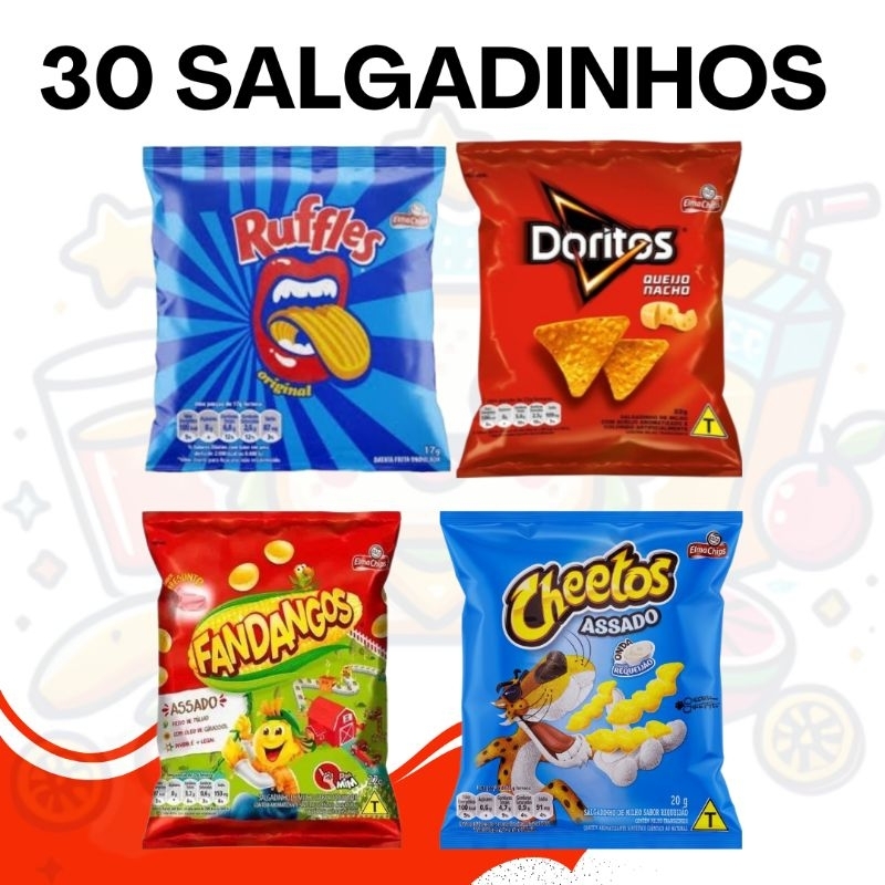 KIT 30x SALGADINHOS ELMA CHIPS RUFFLES - DORITOS - CHEETOS - FANDANGOS | Shopee Brasil