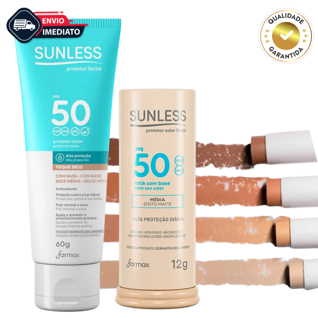 Protetor Solar Facial Sunless Bastão ou Loção com Cor FPS 50 40g Toque ...