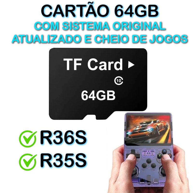 CARTÃO MICRO SD 64GB para CONSOLE PORTATIL R36S com SISTEMA ORIGINAL ATUALIZADO E CHEIO DE JOGOS ...