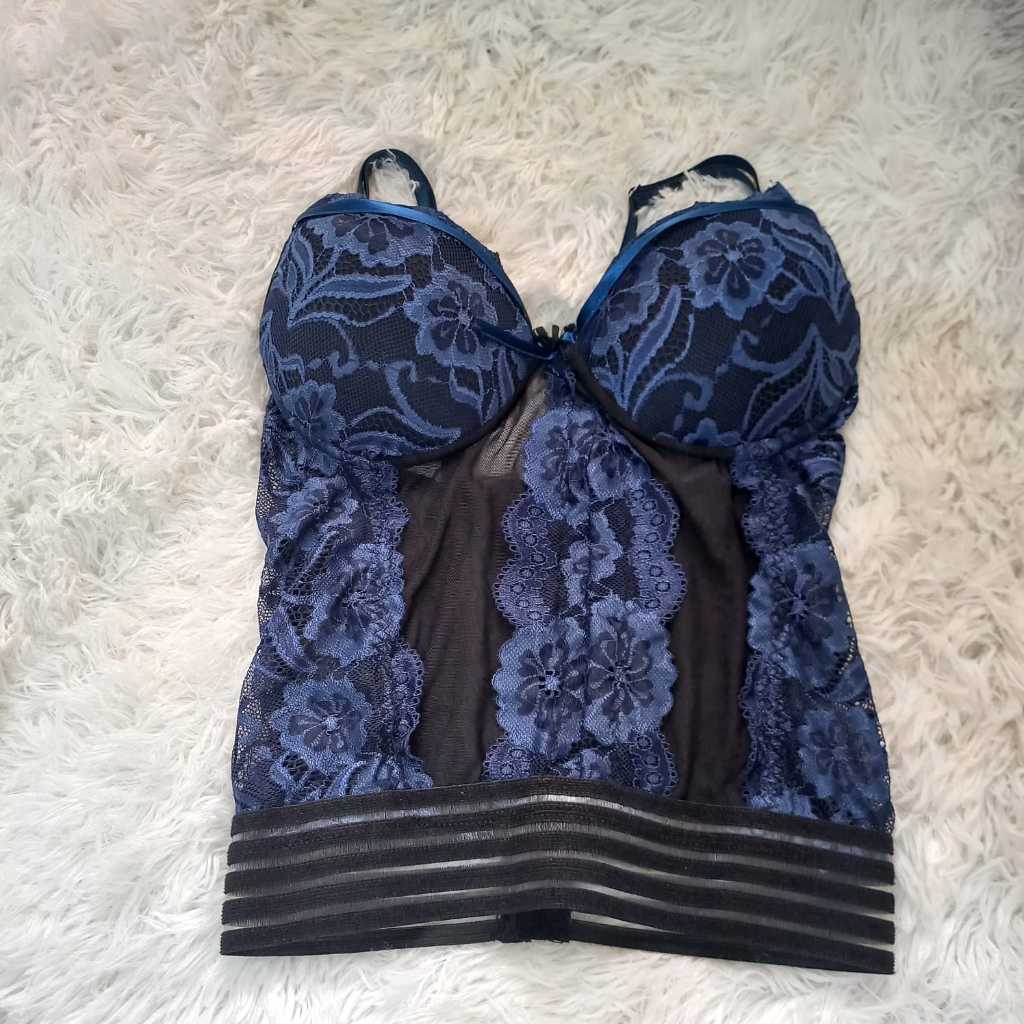 corpete bojo preto renda azul marinha | Shopee Brasil