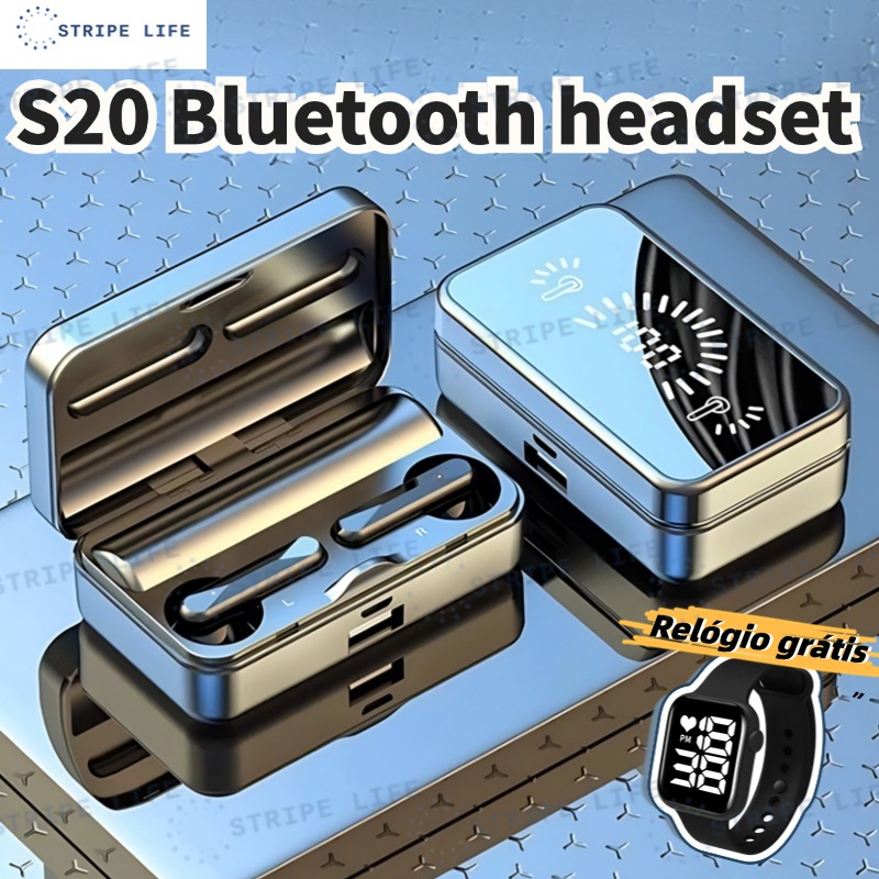 Fone De Ouvido Bluetooth TWS S20 Alto Espelho 5.2 Sem Fio Com Estéreo ...