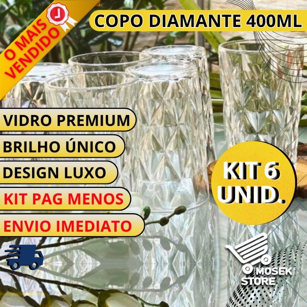 Jogo 6 Copos de Vidro Diamond Diamante Bico de Jaca Texas Transparente Luxo Resistente Água e ...