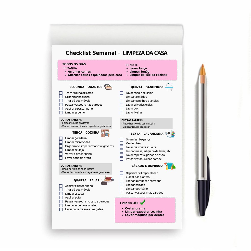 BLOCO CHECK LIST LIMPEZA DA CASA SEMANAL ORGANIZAÇÃO COM 100 FOLHAS A5 ...