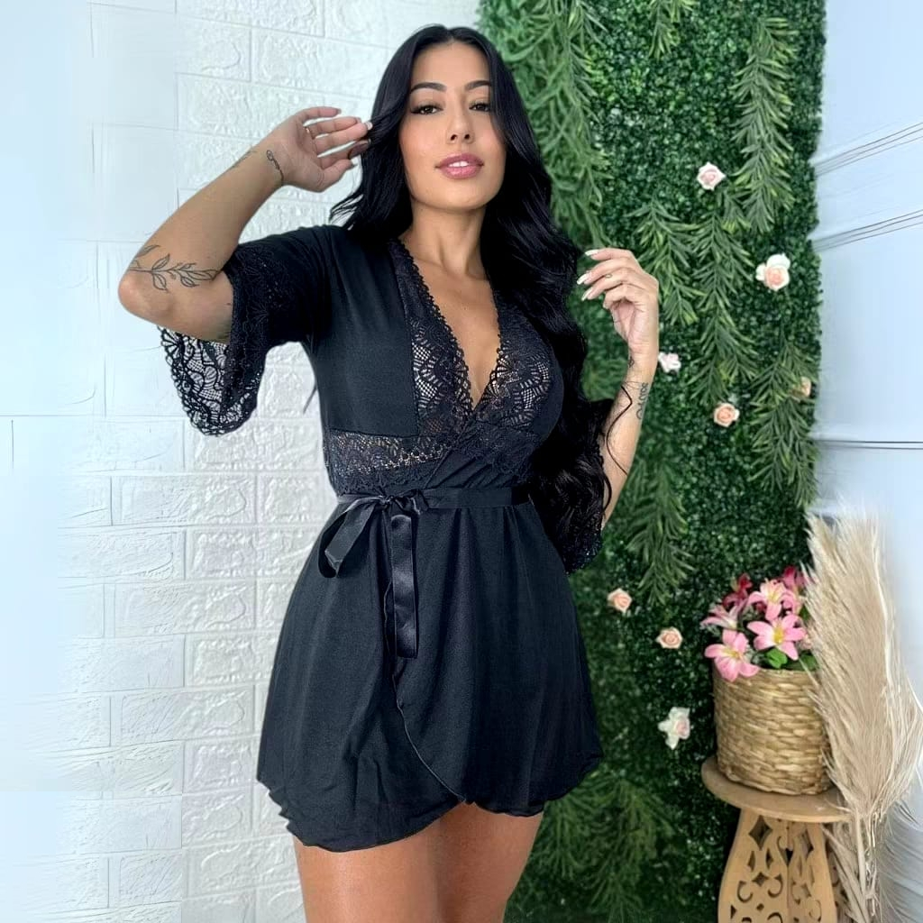 Robe Luxo Curto Romantic e Renda Roupão Confortável Linha sexy Noite ...