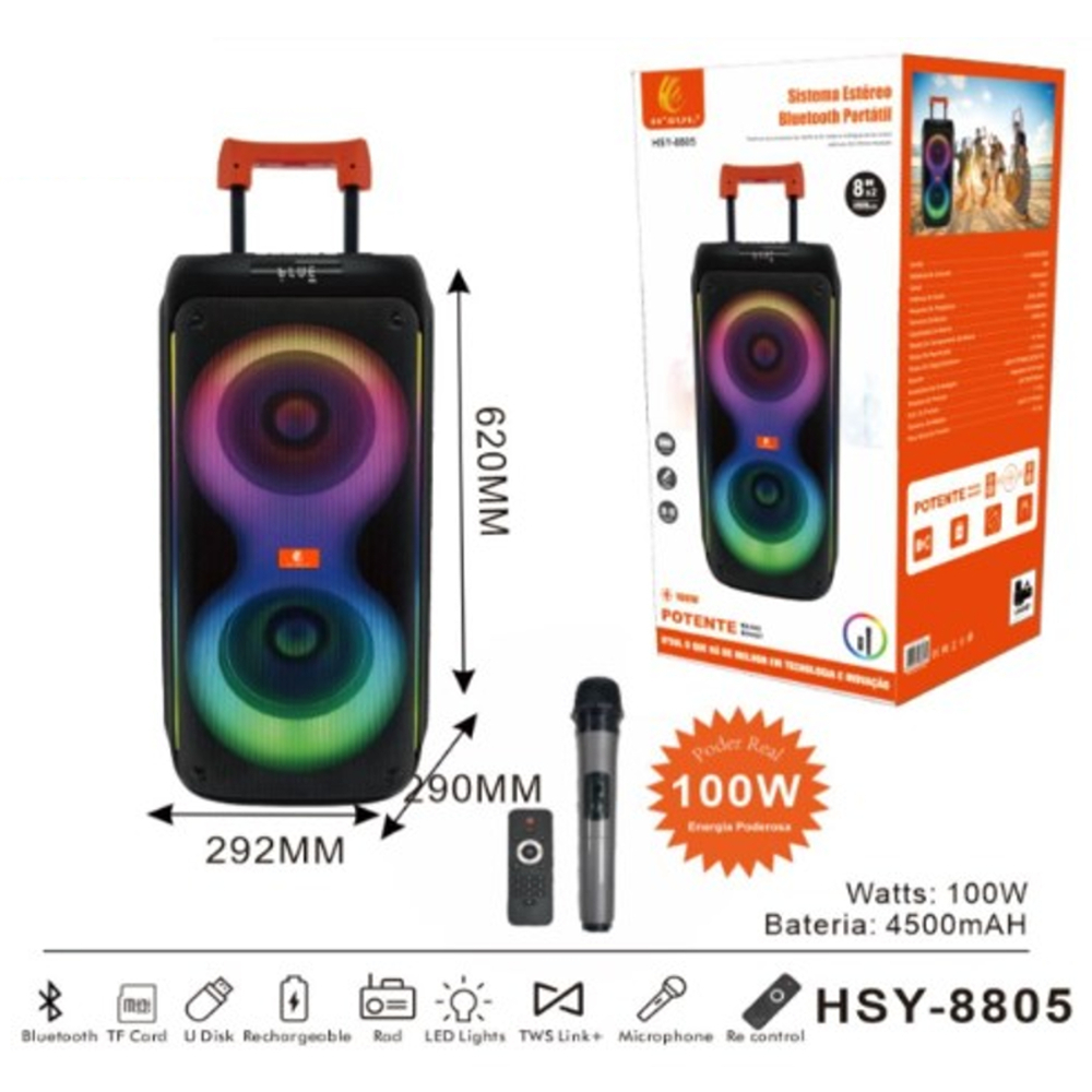 Caixa de Som, Alto falante Torre Pulse bass grave Double caixa de som bluetooth 100W RMS BT LED ...