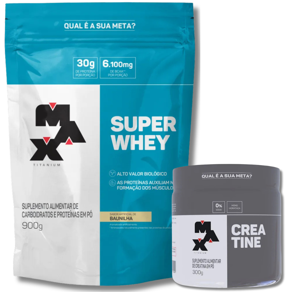 Kit Super Whey Protein Proteína Concentrada 900g + Creatina Monohidratada Pura 300g Max Titanium ...