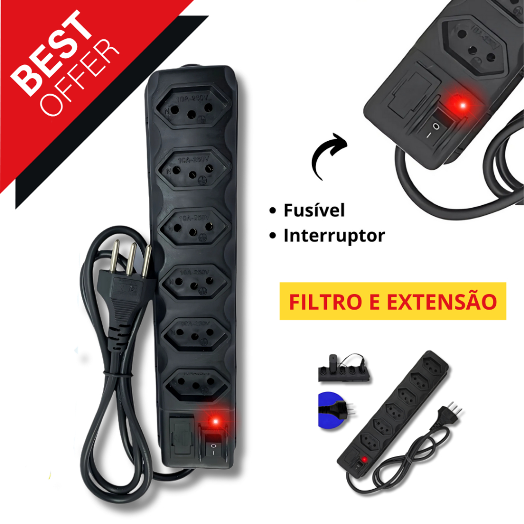 FILTRO DE LINHA RÉGUA DE TOMADAS 6, 5, 4 e 3 tomadas tripolar 10 Amperes com fusível e Liga ...