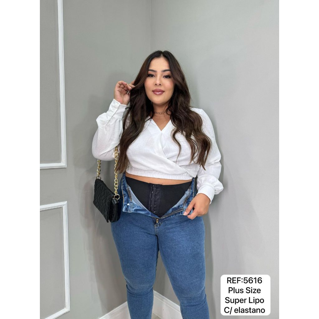 Calça Jeans com Cinta Modeladora Plus Size - Super Lipo | Shopee Brasil