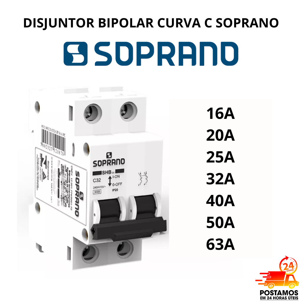 Disjuntor bipolar 2 polos | 10A 20A 25A 32A 40A 50A 63A | SOPRANO | Shopee Brasil