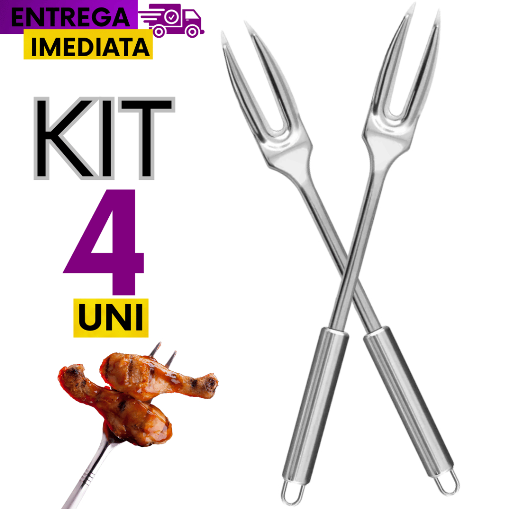 Conjunto 04 Garfo Grande Trinchante Cabo Longo Para Churrasco 100% Inox ...