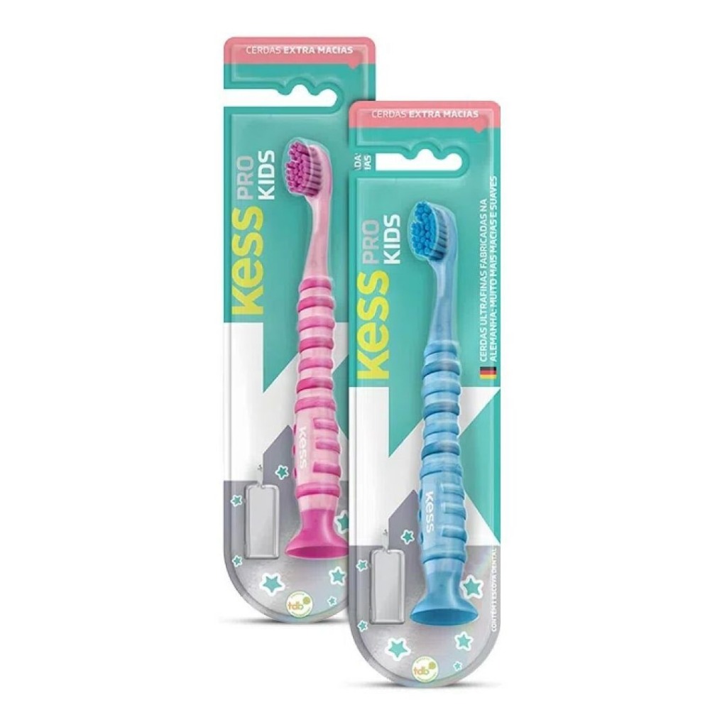 Escova Dental Kess Pro Kids Infantil com Ventosa Rosa e Azul Extra ...