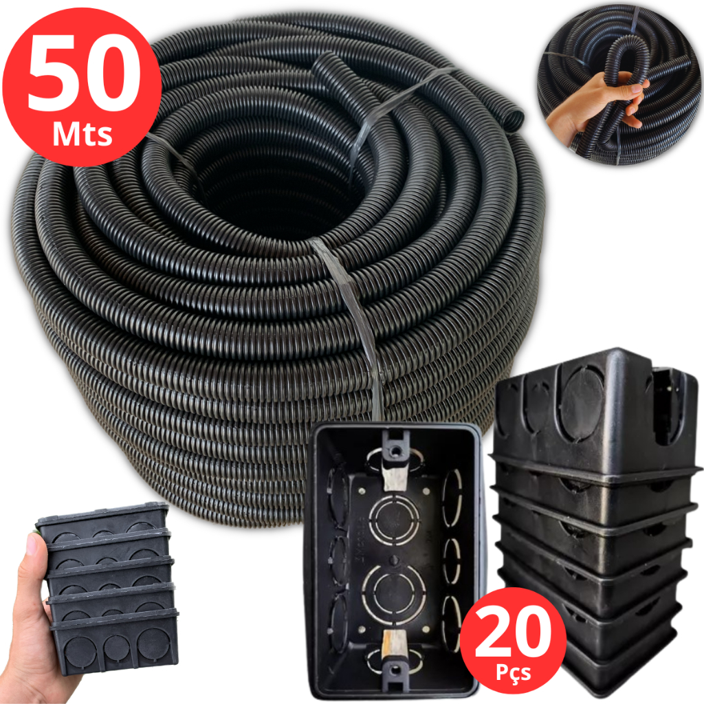 Kit Conduite Corrugado 50 Mts Flexível 3/4 Eletroduto + 20 Caixa De Luz ...