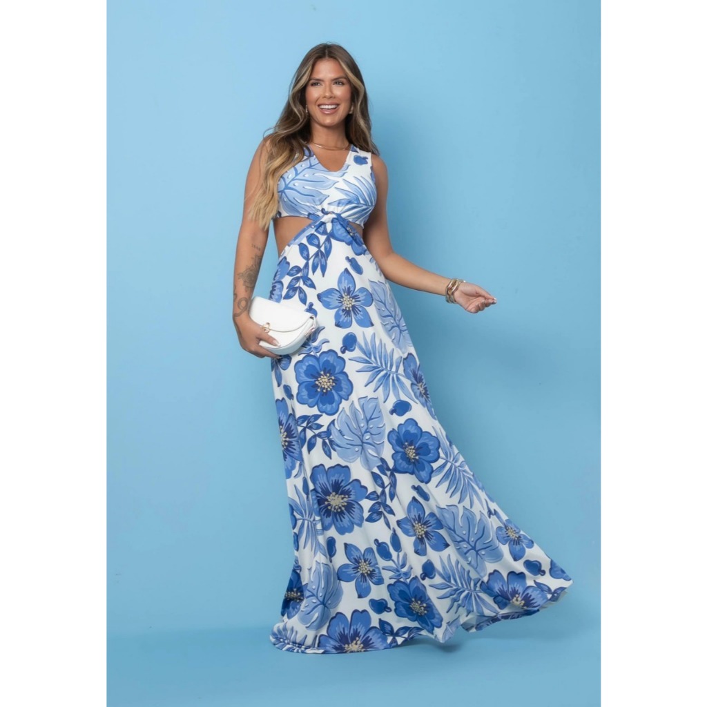 Vestido Longo Estampado Flores Tipo Farm Elegante - Vestido Aurora ...