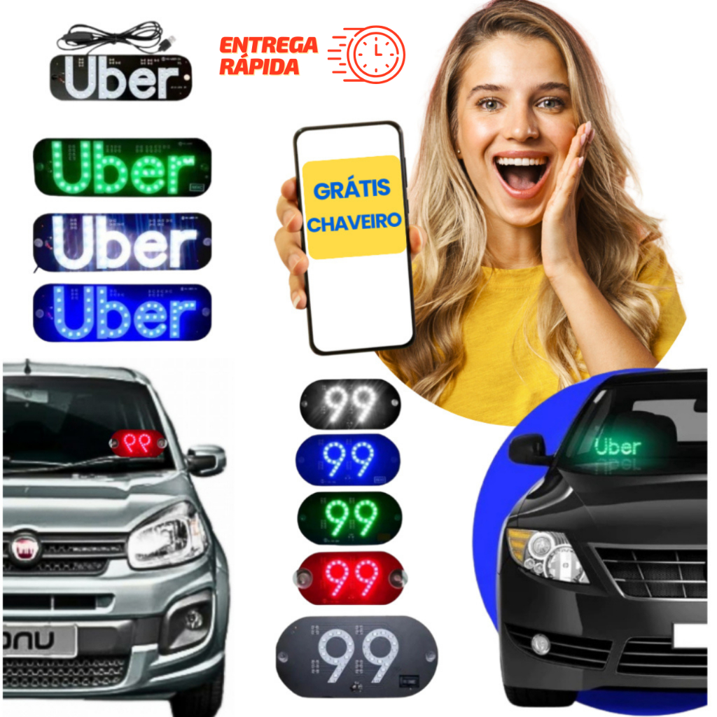 Placa Led De Aplicativo Uber ou 99 Botão Liga Desliga USB Placa APP + KIT Suporte + Carregador ...