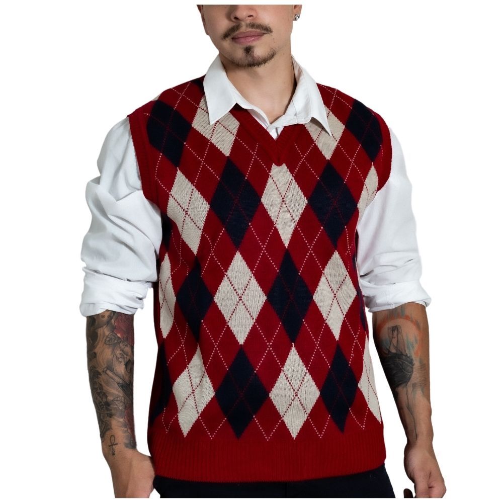 Colete Pullôver Social Masculino Tricô Básico Colete Xadrez Gola V para ...