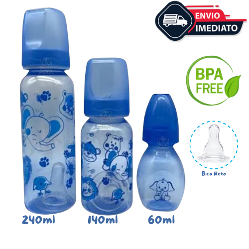 Kit Com 3 Mamadeiras Bico Silicone Reto Azul - 240ml/140ml/60ml Anplas Petita | Shopee Brasil