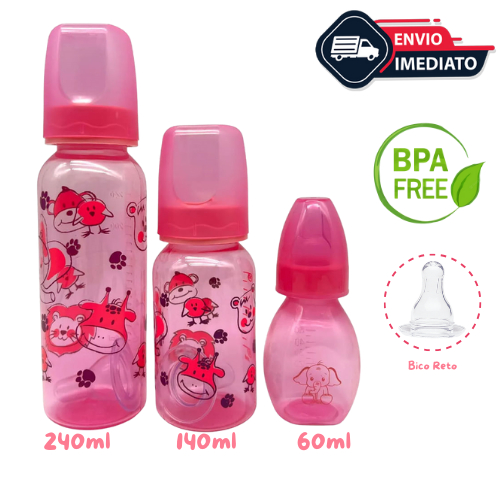 Kit Com 3 Mamadeiras Bico Silicone Reto Rosa - 240ml/140ml/60ml Anplas Petita | Shopee Brasil