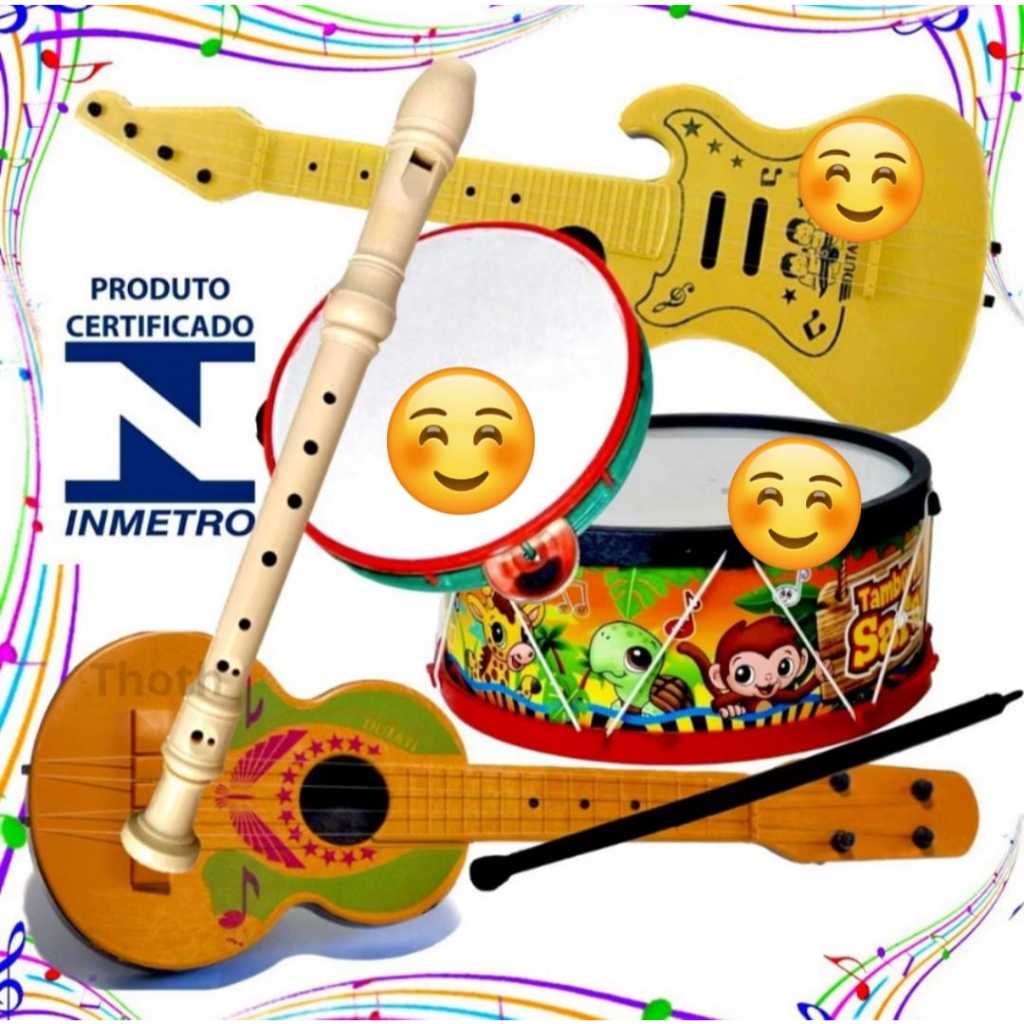 Kit Musical Brinquedos Educativo C/5 Instrumentos Tambor Violão pandeiro Flauta Infantil ...