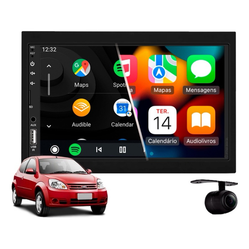 Central Multimídia Android Auto CarPlay GPS Ford Ka 2000 A 2013 + Moldura + Camera de ré ...
