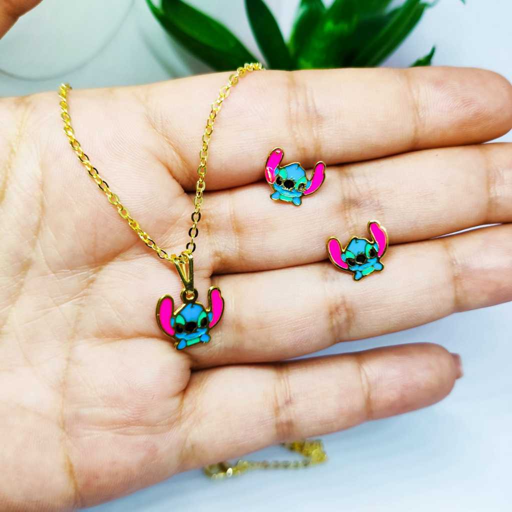 Kit Conjunto Infantil Brinco e Colar Stitch Folheado a Ouro 18K ...