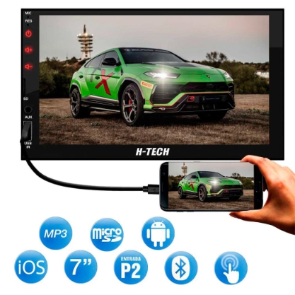 Central Multimídia 2 Din Bluetooth USB Espelhamento a Cabo Android E Ios Tela 7" H-Tech HT-3000 ...