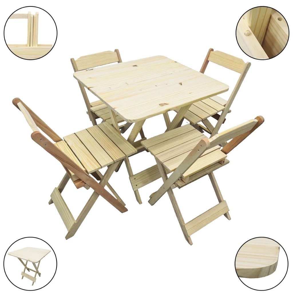 KIT JOGO DE MESA MADEIRA DOBRÁVEL 70X70 COM 4 CADEIRAS - BAR RESTAURANTE ÁREA | Shopee Brasil