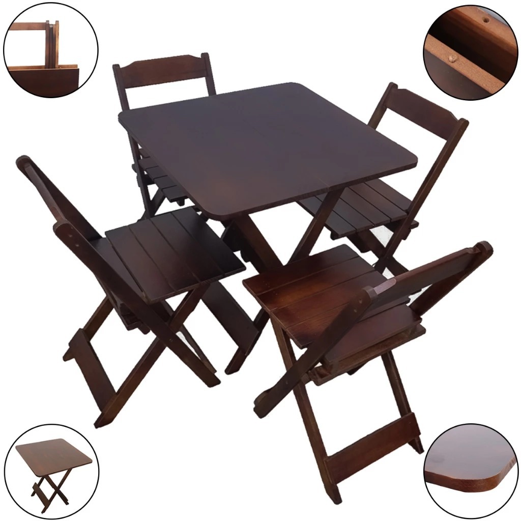 KIT JOGO DE MESA MADEIRA DOBRÁVEL IMBUIA 70X70 COM 4 CADEIRAS - BAR RESTAURANTE ÁREA | Shopee Brasil