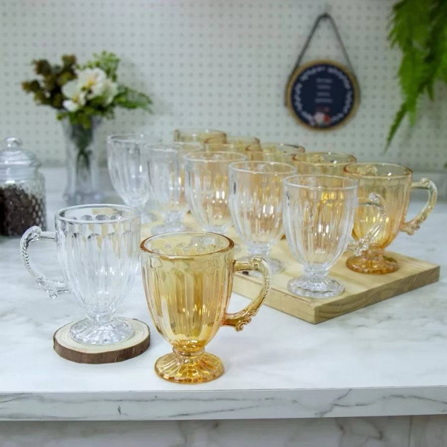 Conjunto 12 ou 6 Xícaras Canecas C/Pé de Vidro Ambar Transparente 190ML Decorada Detalhada Café ...