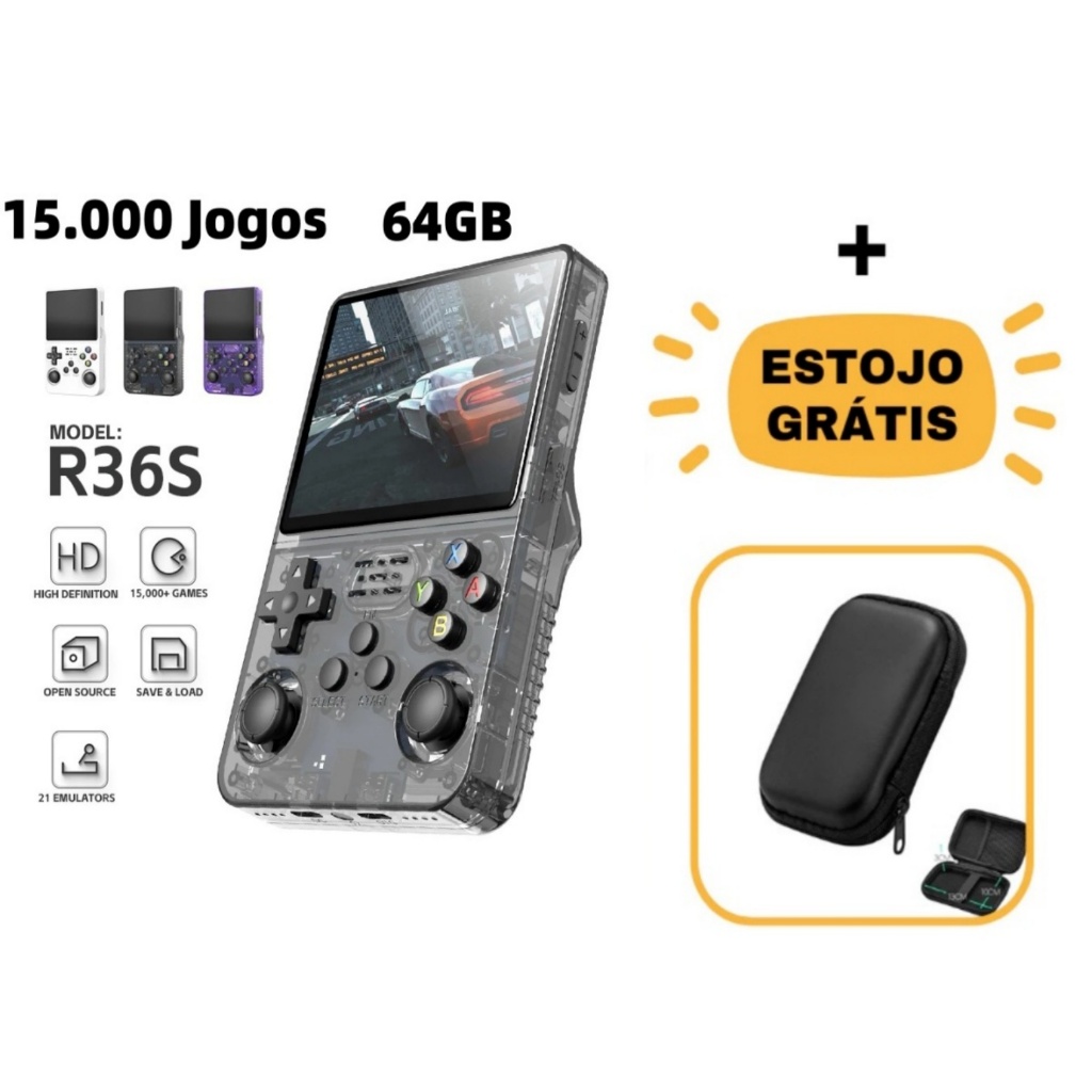 Console Portátil R36S + de 15.000 Jogos Vídeo Game 64g Linux Tela IPS 3.5 Polegadas a Pronta ...