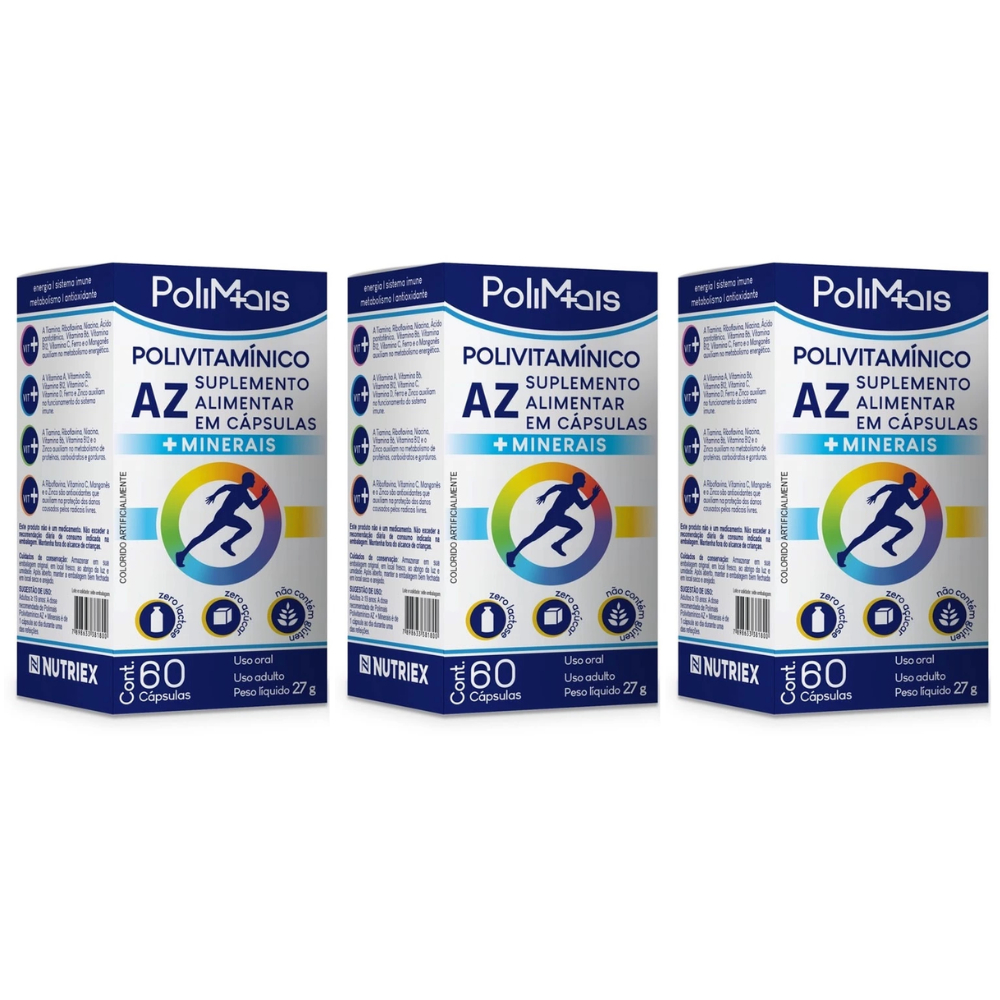 Kit 3 Suplemento Alimentar Polimais A-Z 60 Caps Imunidade Energia ...