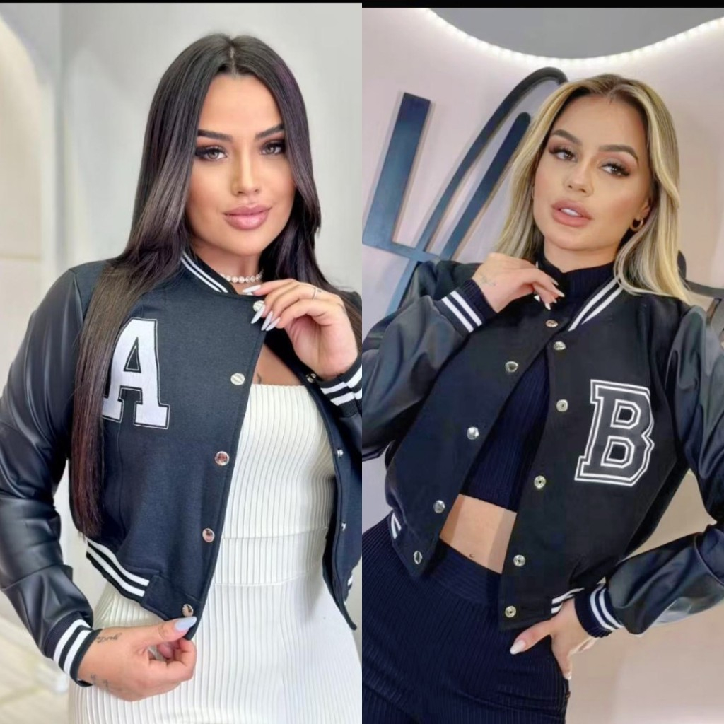 Jaqueta bomber moletom feminina, com botões manga couro, estilo ...
