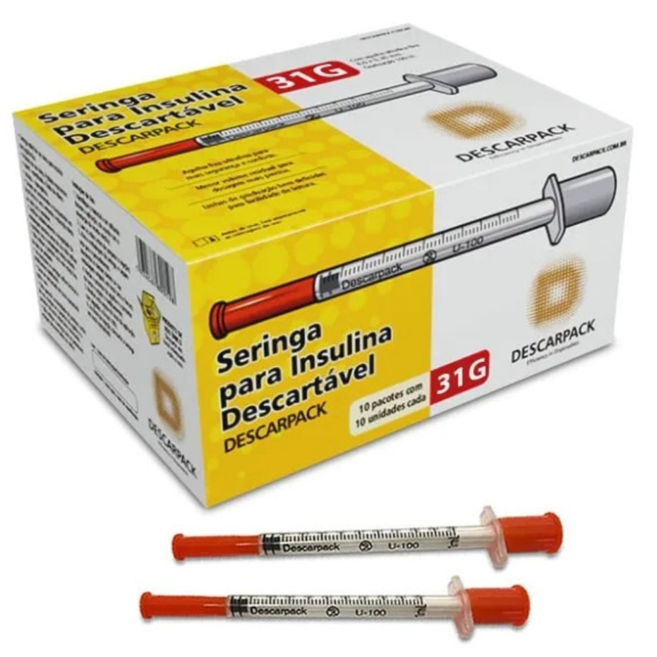 Seringa Insulina Botox 1ml 100UI Agulha Ultrafina 6,0x0,25mm 31g 30 ...