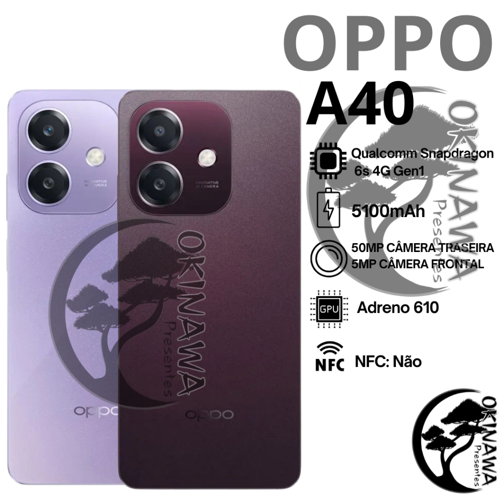 OPPO A40 4G, 256GB e 4GB RAM, Cãmera 50MP, Processador Snapdragon 6s 4G Gen2, VERSÃO GLOBAL ...