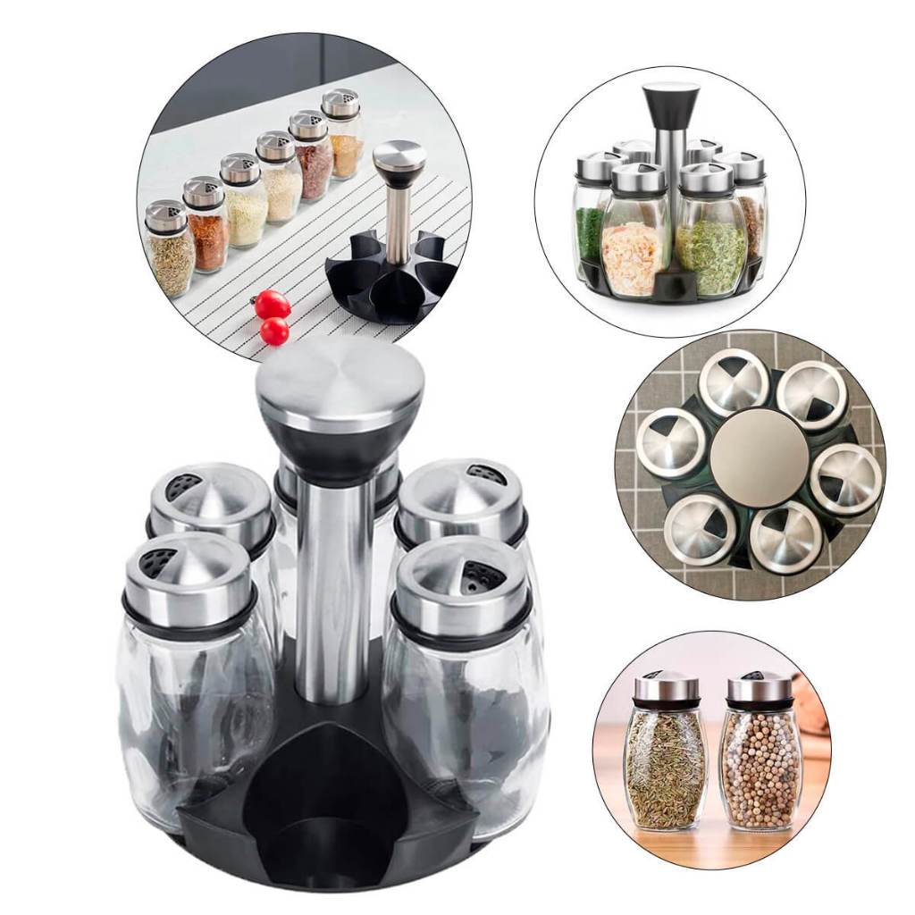 Kit Porta Temperos com 6 Potes de Vidro e Base Giratória Inox – Cozinha ...