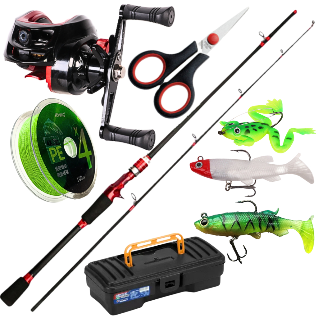 Carretilha de Pesca Anticabeleira com Vara de Fibra de Carbono Isca Artificial Meia Agua ...