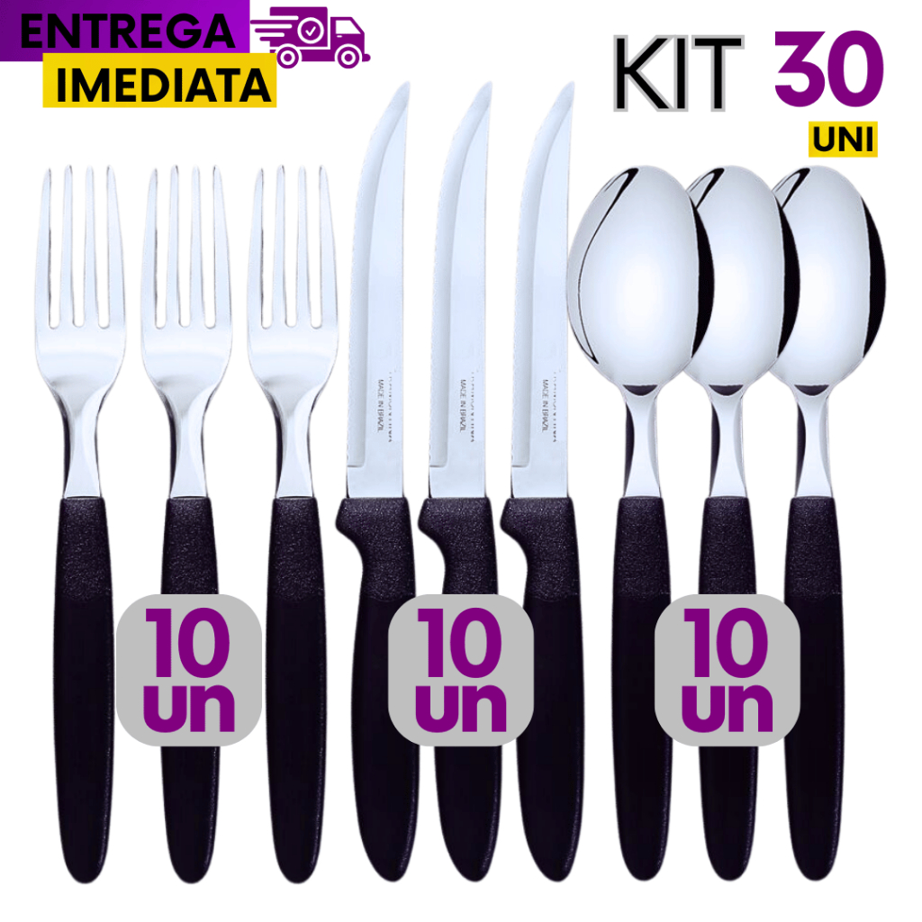Kit 30 Talher Linha Colorida Preto 10 Colher 10 Garfo 10 Faca Premium ...