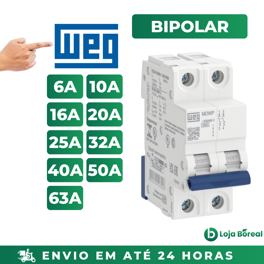 Mini Disjuntor Bipolar 10A, 16A, 20A, 25A, 32A, 40A, 50A, 63A 2p Weg Din MDWP Curva C | Shopee ...