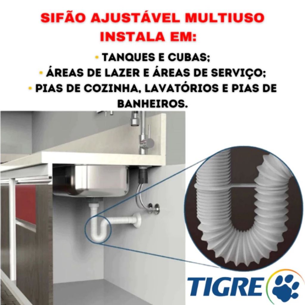 Sifão Sanfonado Tigre + Válvula Pia Cozinha Americana 3.1/2 Abs PVC Cromado Cifão pia de cozinha ...