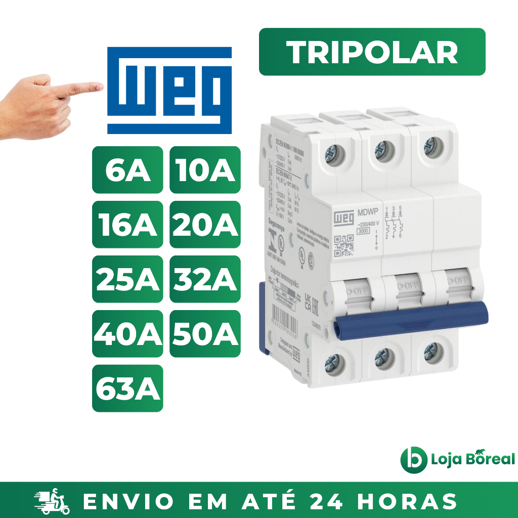 Disjuntor Tripolar 10a até 63a Weg MDWP Curva C - Modelo Novo | Shopee Brasil