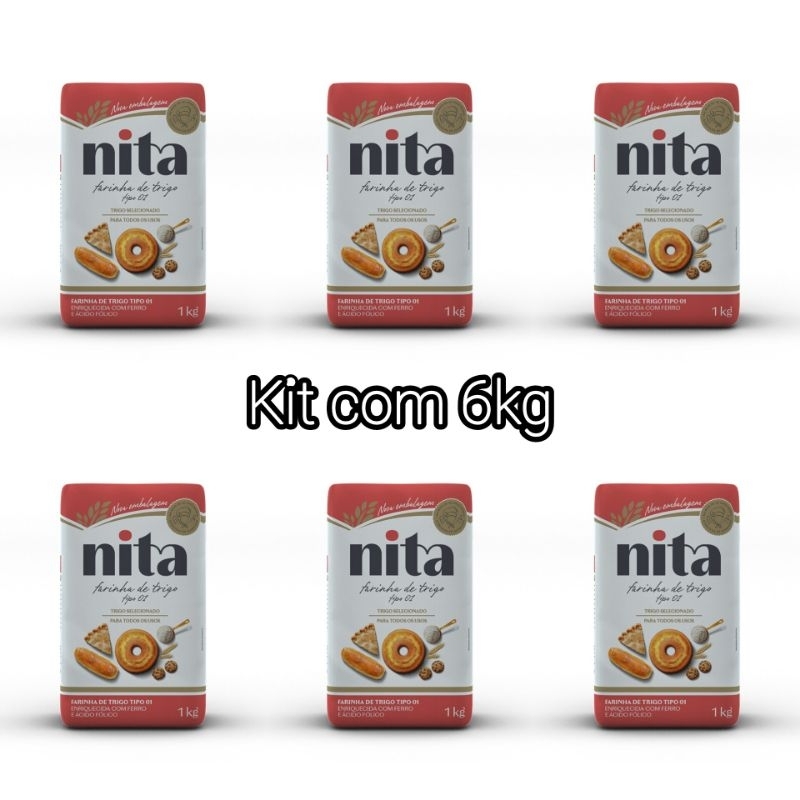 Kit com 6 Farinha de trigo tipo 1 Nita - 1kg por pacote Total 6kg | Shopee Brasil