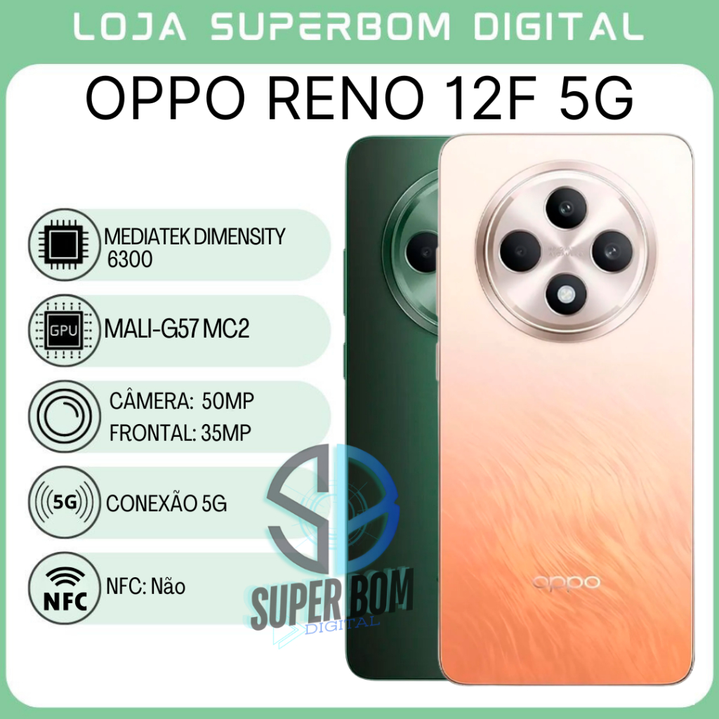 OPPO RENO 12F 5G, 256GB e 12GB RAM, Câmera 50MP, Processador MediaTek Dimensity 6300, Versão ...