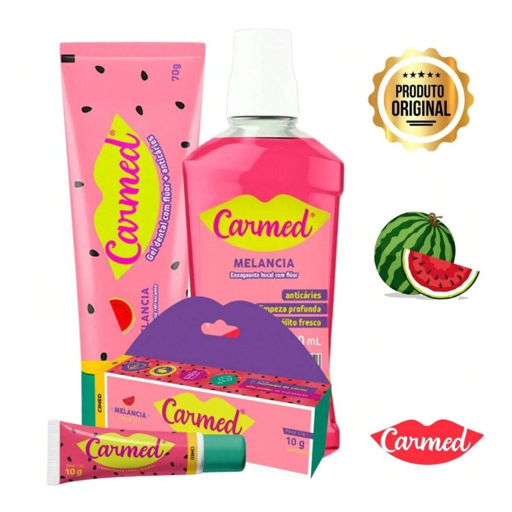 Kit Carmed 3 em 1 Melancia Hidratante Labial 10g + Enxaguante 250ml ...